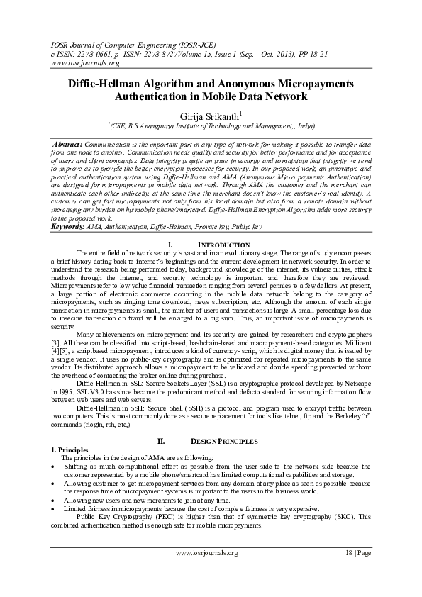 Pdf Diffie Hellman Algorithm And Anonymous Micropayments Authentication In Mobile Data Network
