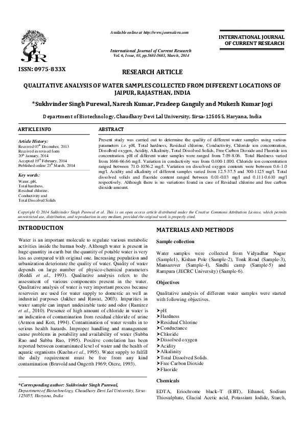 (PDF) QUALITATIVE ANALYSIS OF WATER SAMPLES COLLECTED FROM DIFFERENT ...