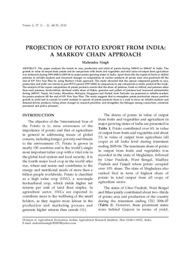 (PDF) PROJECTION OF POTATO EXPORT FROM INDIA: A MARKOV CHAIN APPROACH