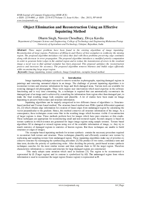 (PDF) Object Elimination and Reconstruction Using an Effective Inpainting Method