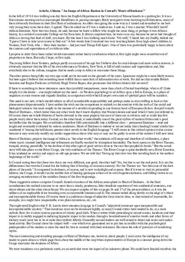 Achebe, Chinua. An Image of Africa Racism in Conrad's Heart of Darkness