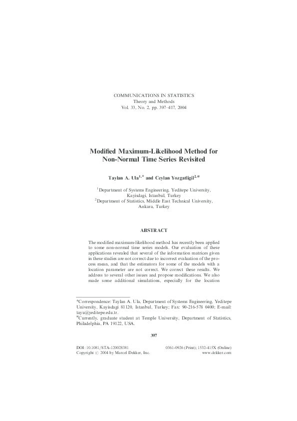 Pdf Modified Maximum Likelihood Method For Non Normal Time Series Revisited