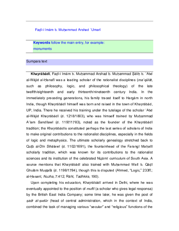 (DOC) Fadl-i Imam Khayrabadi, Encyclopdia of Islam III
