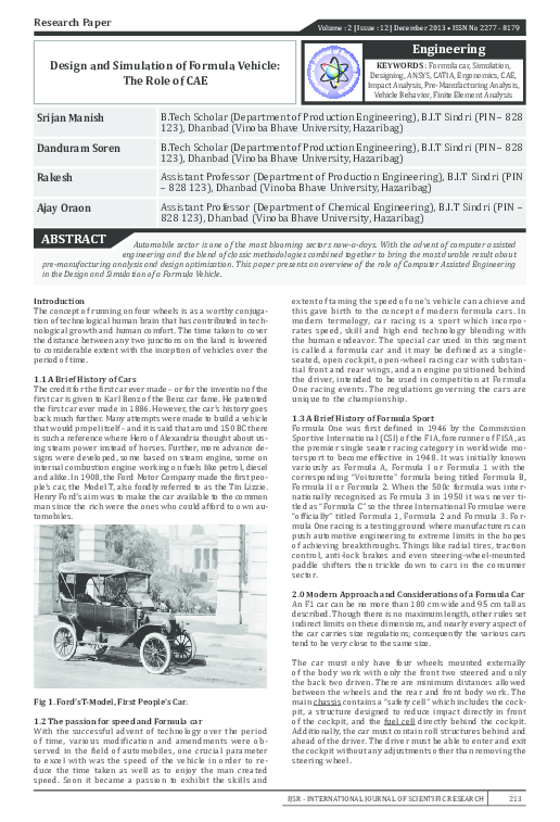 (PDF) Design and Simulation of a Formula Vehicle - The Role of CAE