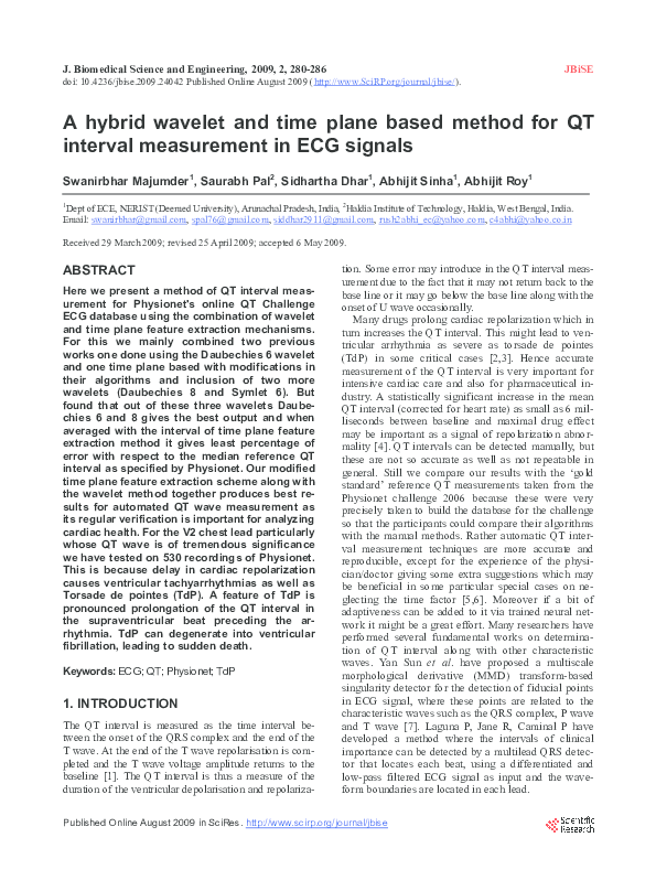 Pdf A Hybrid Wavelet And Time Plane Based Method For Qt Interval Measurement In Ecg Signals