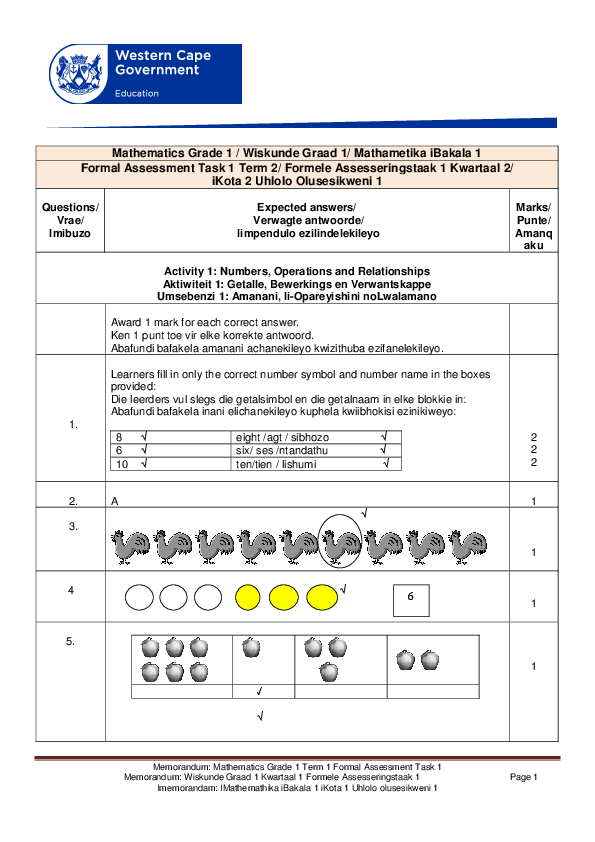 (PDF) Memorandum: Mathematics Grade 1 Term 1 Formal Assessment Task 1 ...