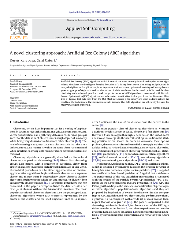 Pdf A Novel Clustering Approach Artificial Bee Colony Abc Algorithm 