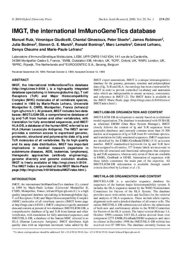 (PDF) IMGT, the international ImMunoGeneTics database