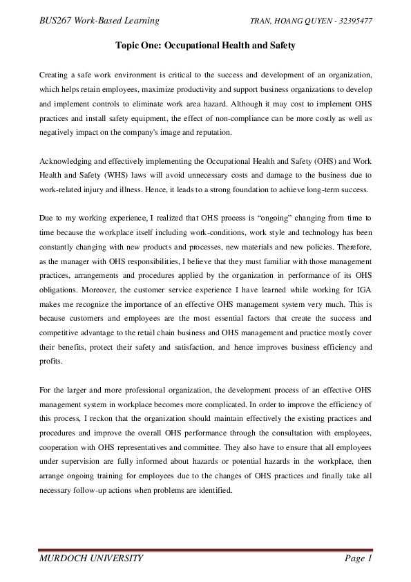 (DOC) Topic One: Occupational Health and Safety