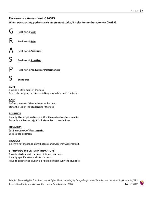 (PDF) P a g e | 1 Performance Assessment: GRASPS