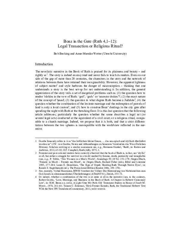 (PDF) Boaz in the Gate (Ruth 4,1–12): Legal Transaction or Religious Ritual