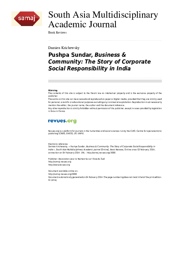 (PDF) Book Review: Sundar P. (2013), Business & Community