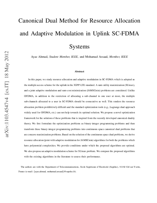 (PDF) Canonical Dual Method for Resource Allocation and Adaptive Modulation in Uplink SC-FDMA ...