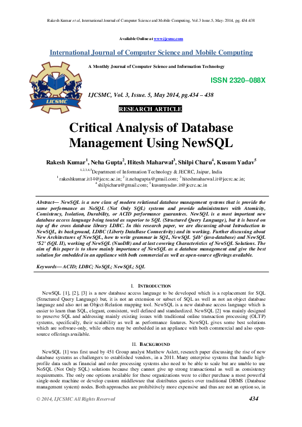 (PDF) Critical Analysis of Database Management Using NewSQL﻿