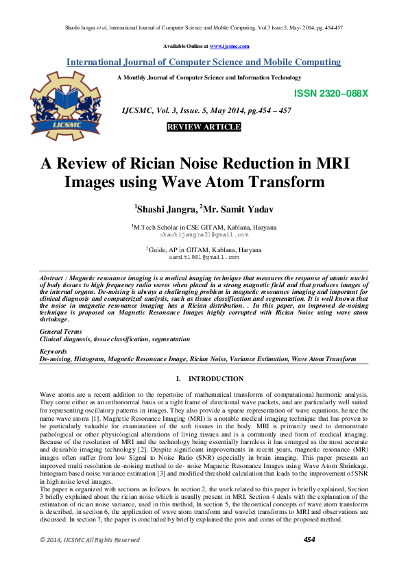 (PDF) A Review of Rician Noise Reduction in MRI Images using Wave Atom Transform