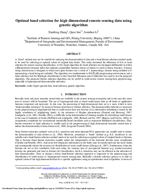 Pdf Optimal Band Selection For High Dimensional Remote Sensing Data Using Genetic Algorithm