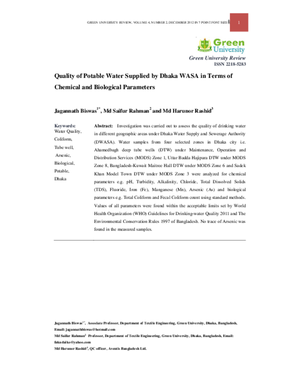 (PDF) Green University Review Quality of Potable Water Supplied by ...