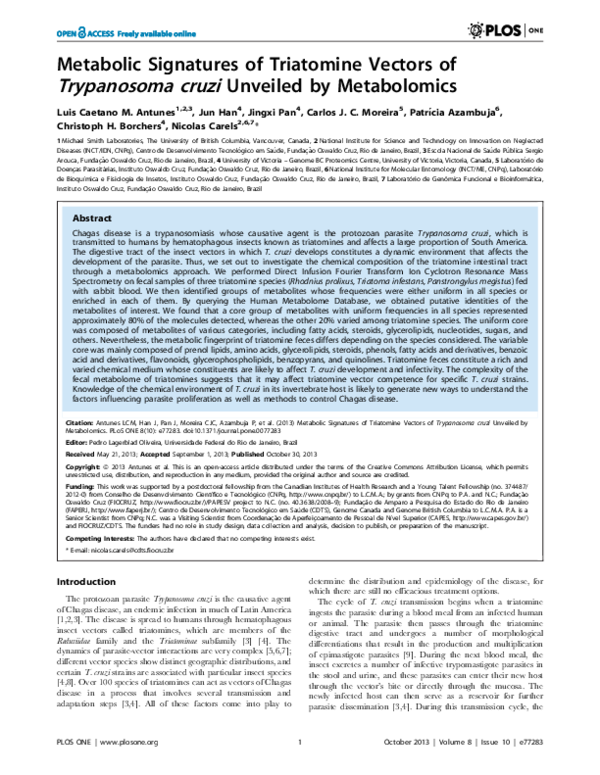 Metabolic Signatures of Triatomine Vectors of Trypanosoma cruzi ...