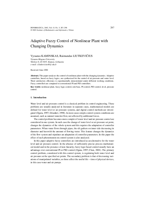 (PDF) Adaptive Fuzzy Control of Nonlinear Plant with Changing Dynamics
