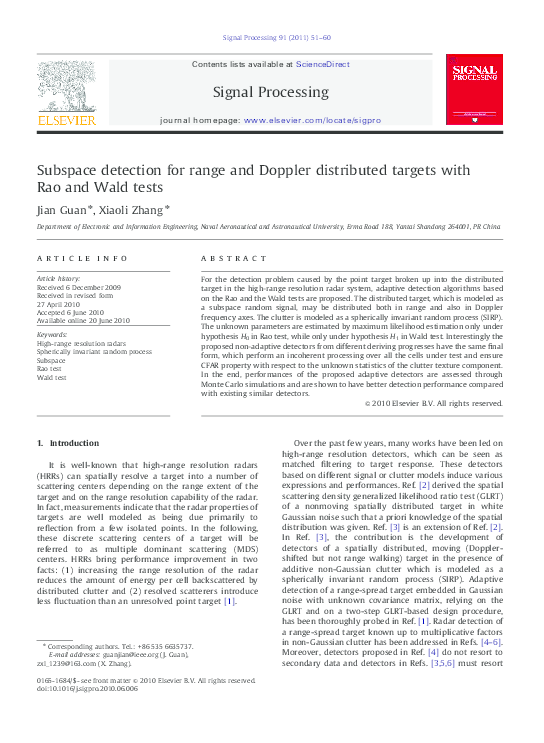 Pdf Reshetov La Subspace Detection For Range And Doppler Distributed