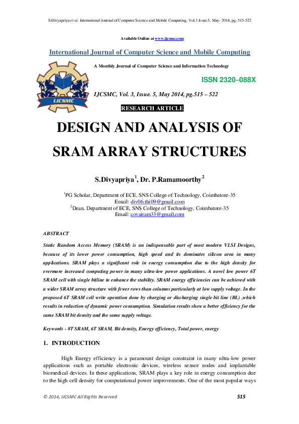 (PDF) DESIGN AND ANALYSIS OF SRAM ARRAY STRUCTURES﻿