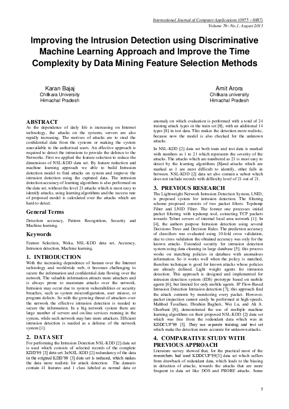 (PDF) Improving the Intrusion Detection using Discriminative Machine Learning Approach and ...
