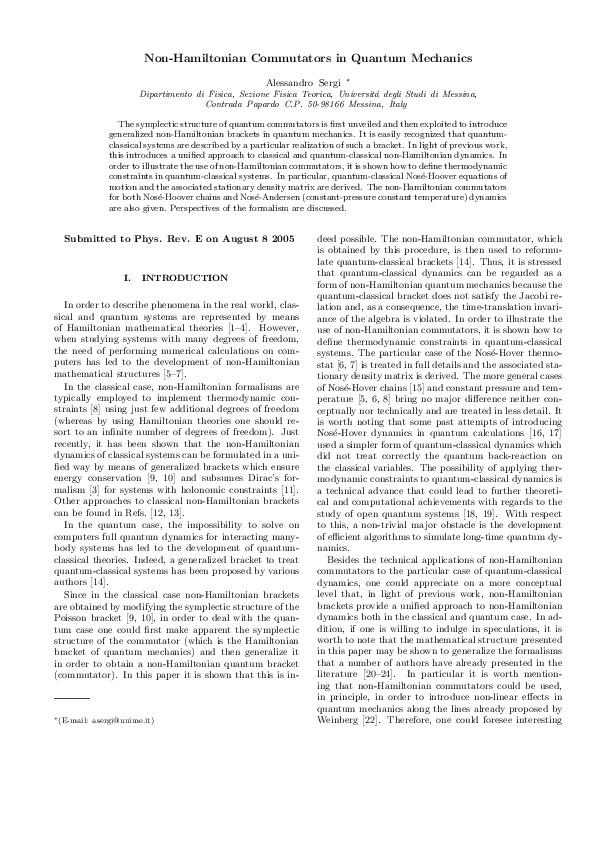 (PDF) Non-Hamiltonian commutators in quantum mechanics