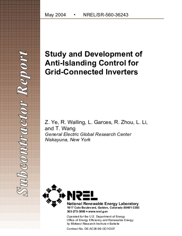 (PDF) Study and Development of Anti-Islanding Control for Grid-Connected Inverters | Luis Garces ...