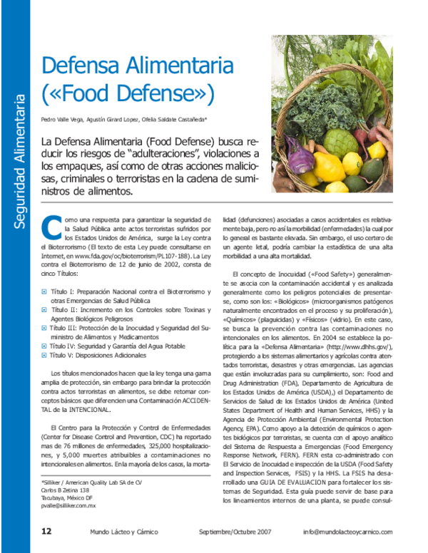 (PDF) Seguridad Alimentaria Defensa Alimentaria («Food Defense