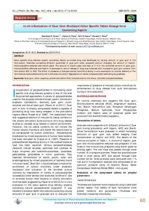 Pdf In Vitro Evaluation Of Guar Gum Mediated Colon Specific Tablet