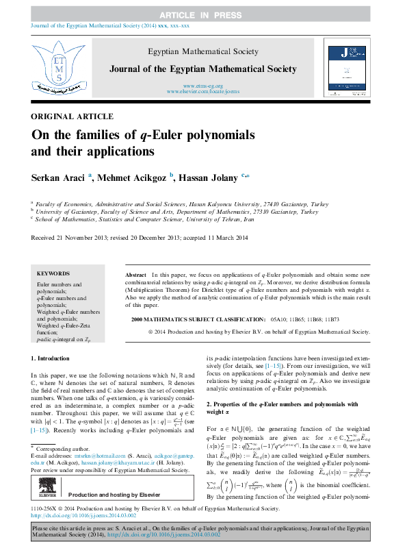 Pdf On The Families Of Q Euler Numbers And Polynomials And Their