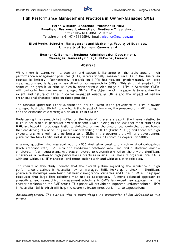 (PDF) High Performance Management Practices in Owner-Managed SMEs ...
