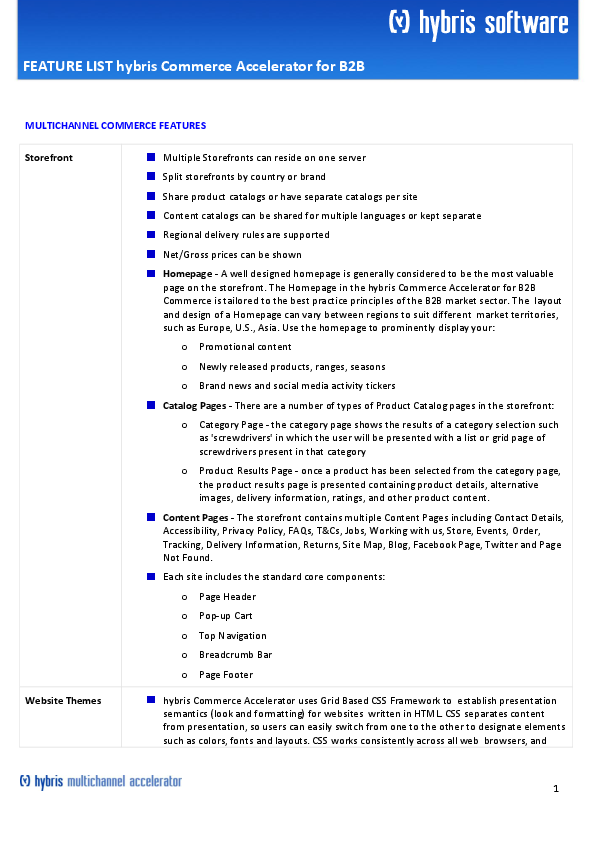 (PDF) FEATURE LIST hybris Commerce Accelerator for B2B MULTICHANNEL COMMERCE FEATURES