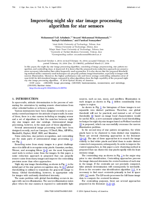 Improving Night Sky Star Image Processing Algorithm For Star Sensors