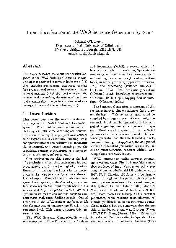Pdf Input Specification In The Wag Sentence Generation System