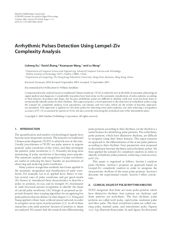 Pdf Arrhythmic Pulses Detection Using Lempel Ziv Complexity Analysis