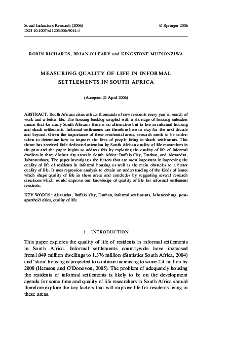 (PDF) Measuring Quality of Life in Informal Settlements in South Africa