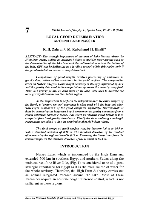 (PDF) LOCAL GEOID DETERMINATION AROUND LAKE NASSER