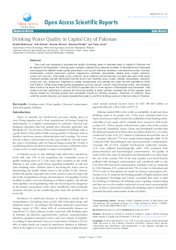 (PDF) Drinking Water Quality in Capital City of Pakistan
