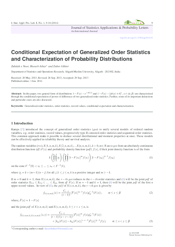 Pdf Conditional Expectation Of Generalized Order Statistics And