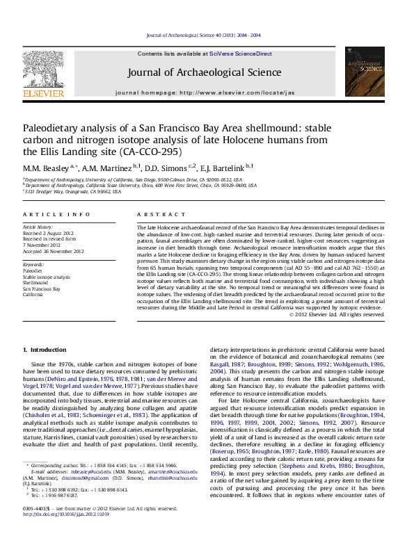 (PDF) Paleodietary analysis of a San Francisco Bay Area shellmound ...