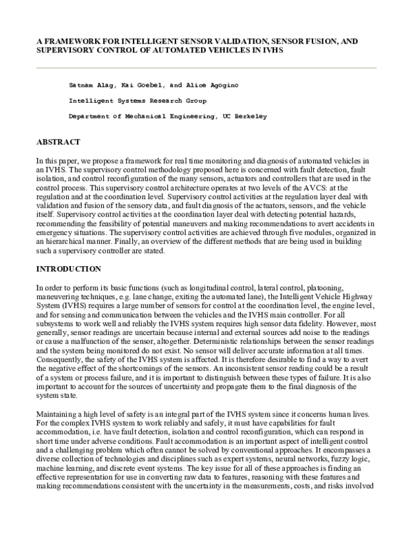Pdf A Framework For Intelligent Sensor Validation Sensor Fusion And