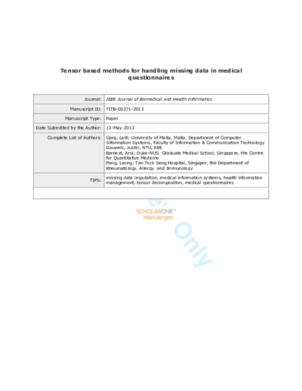 Pdf Tensor Based Methods For Handling Missing Data In Medical Questionnaires