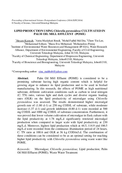 (PDF) Lipid production using Chlorella pyrenoidosa cultivated in palm oil mill effluent (POME)