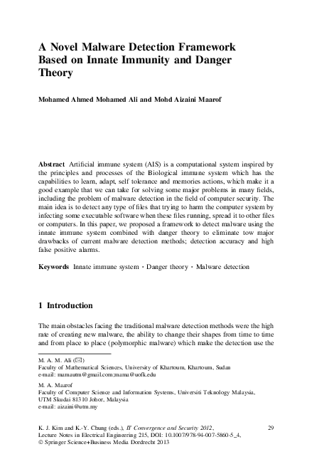 Pdf A Novel Malware Detection Framework Based On Innate Immunity And Danger Theory