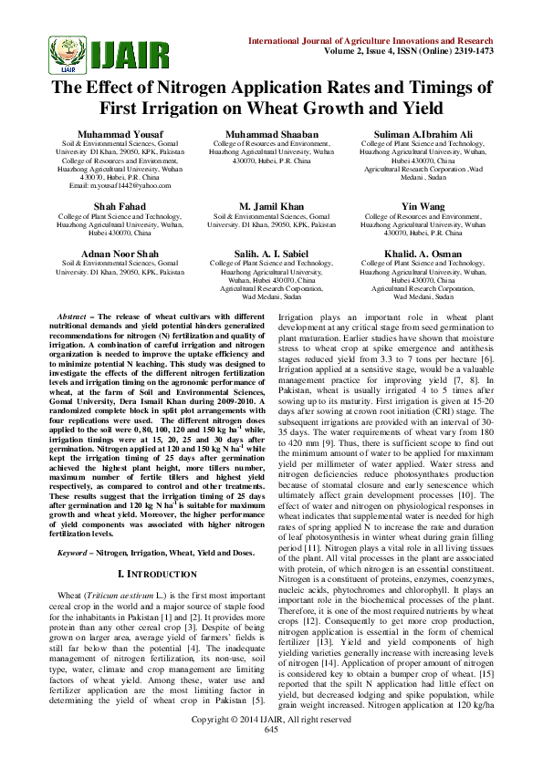Pdf The Effect Of Nitrogen Application Rates And Timings Of First Irrigation On Wheat Growth