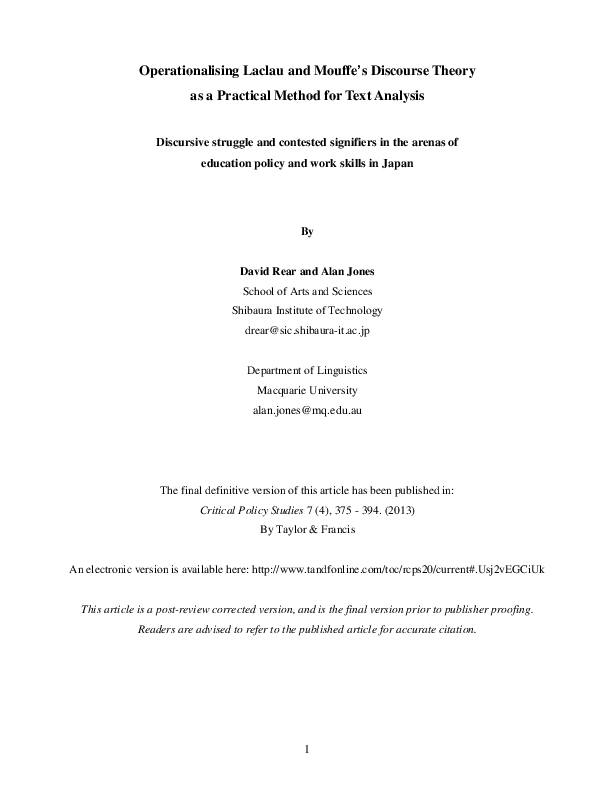 (PDF) Operationalising Laclau and Mouffe's discourse theory as a practical method of text ...