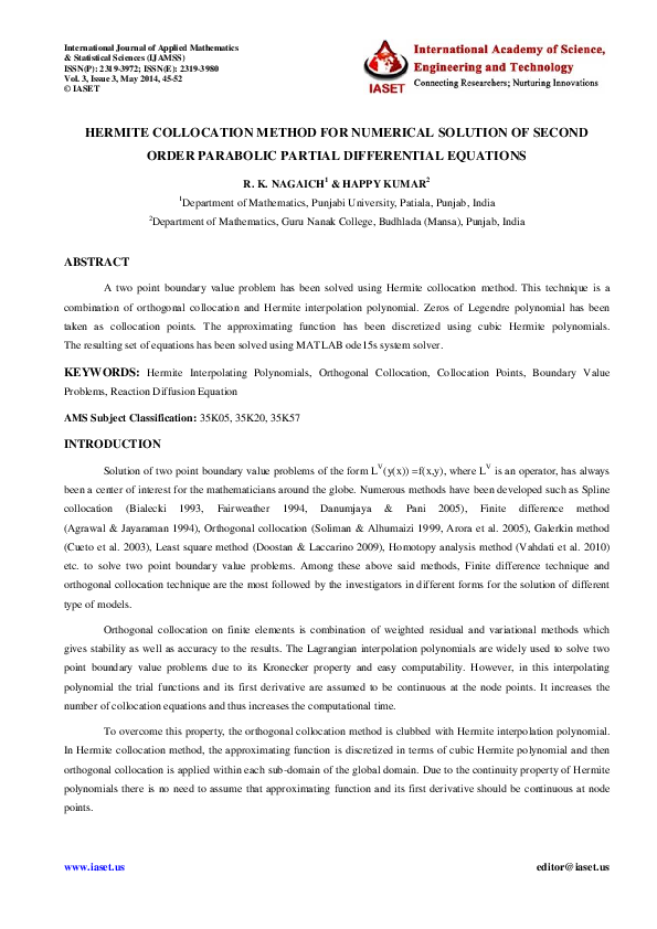 Pdf Hermite Collocation Method For Numerical Solution Of Second Order Parabolic Partial 