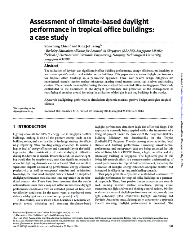 (PDF) Assessment of climate-based daylight performance in tropical office buildings: a case study