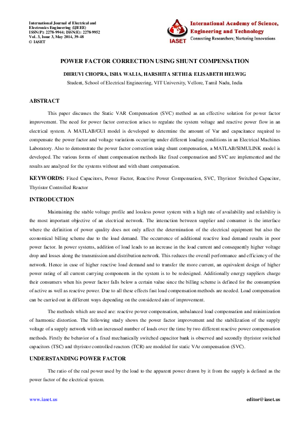 (PDF) Power Factor Correction using Shunt Compensation